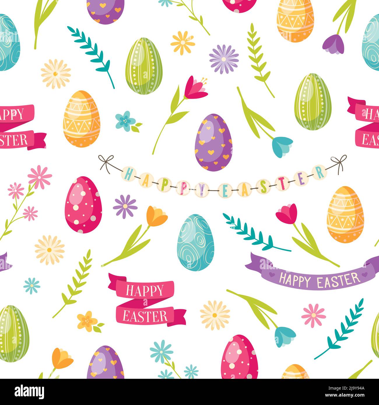 Easter cartoon seamless pattern with flower eggs and ribbons vector ...