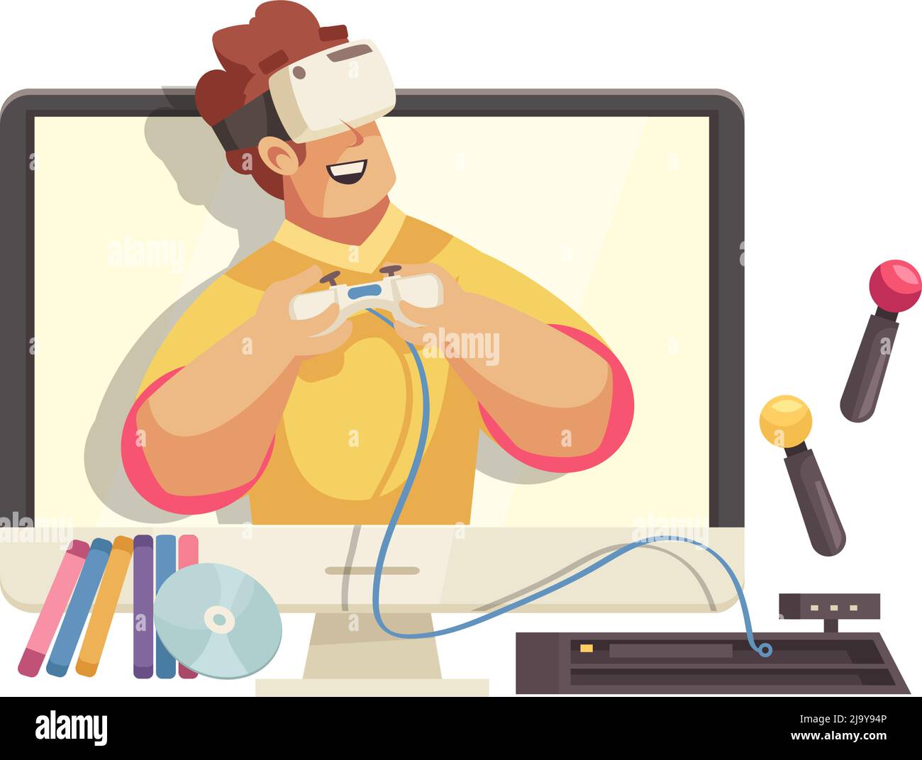 Cartoon icon with blogger in virtual reality glasses playing video game ...