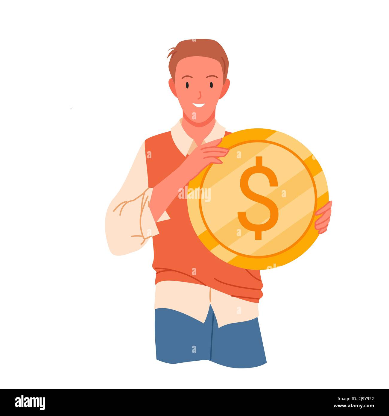 Man holding big gold dollar coin, male character standing, giving or ...