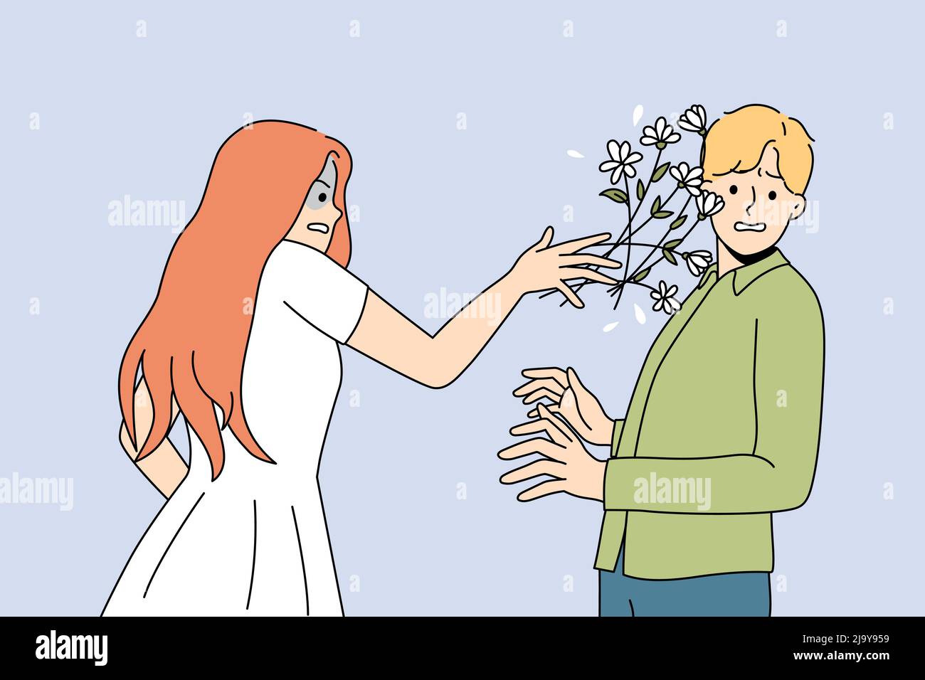 Angry woman throw flowers bouquet to man face distressed with bad date ...