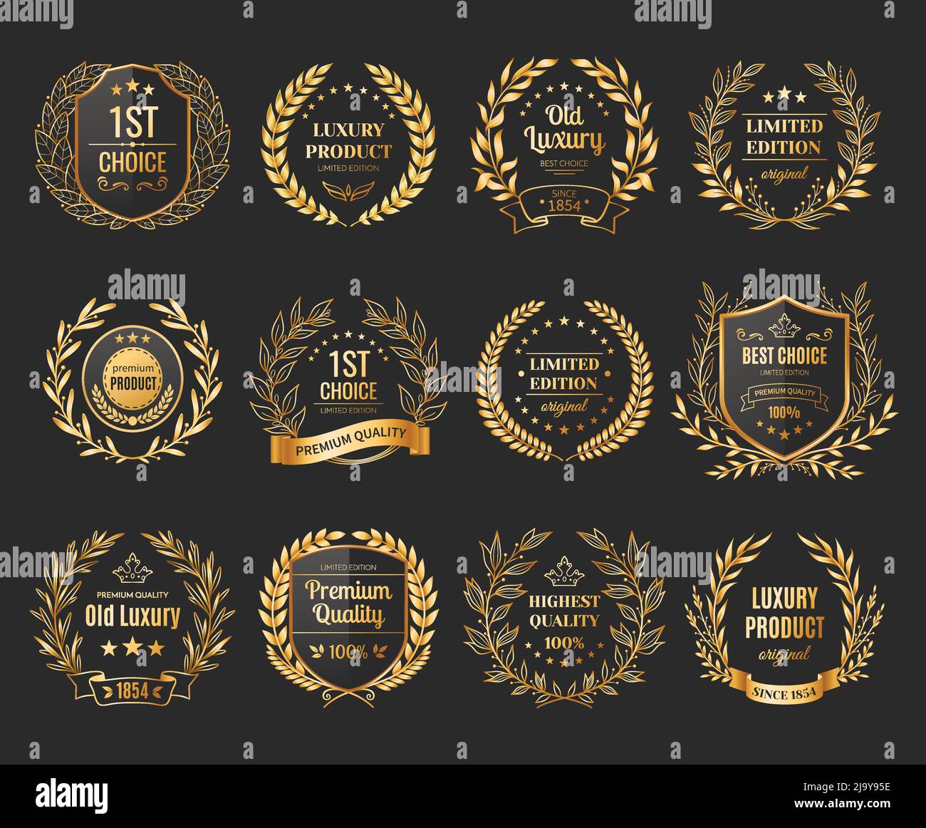 Prize emblems realistic set with laurel and wreath on black background ...