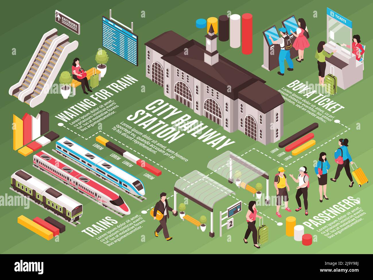Isometric railway station horizontal flowchart composition with text ...