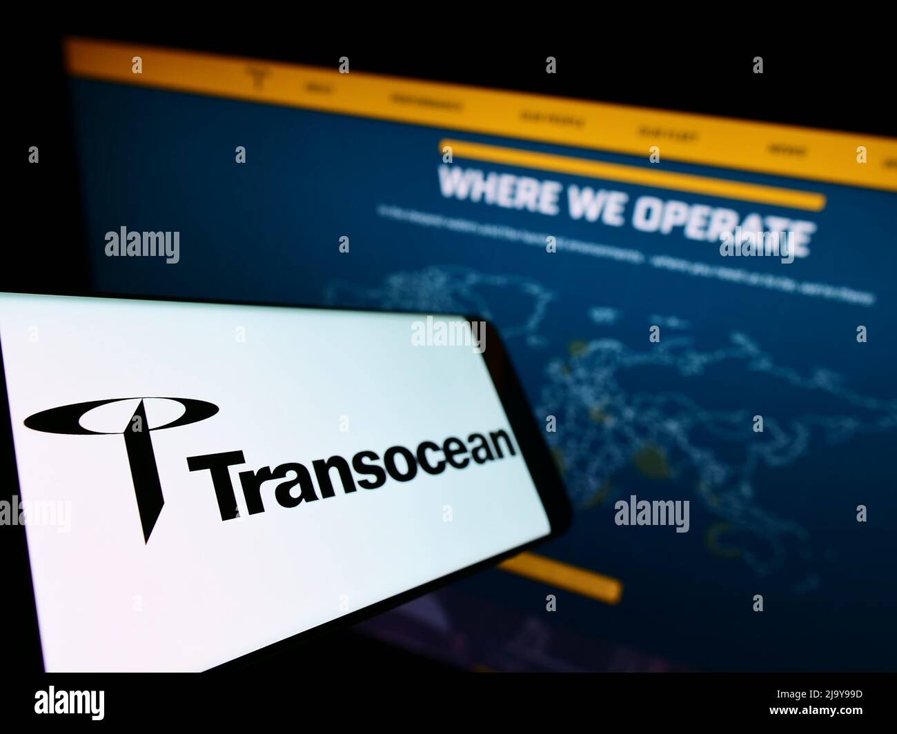 Mobile phone with logo of offshore drilling company Transocean Ltd. on ...
