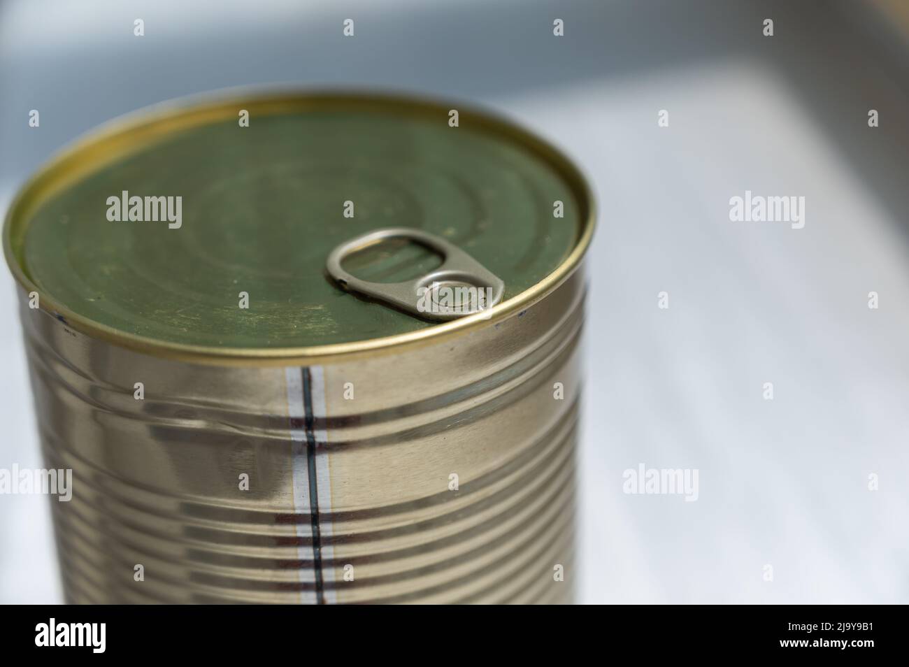 Canned food in a metal cylindrical container. Closed Tin can with ready ...