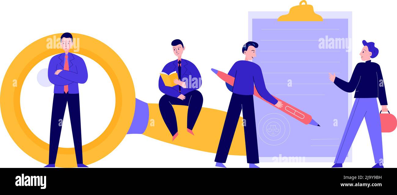 Lawyer composition with doodle style human characters and hand lens ...