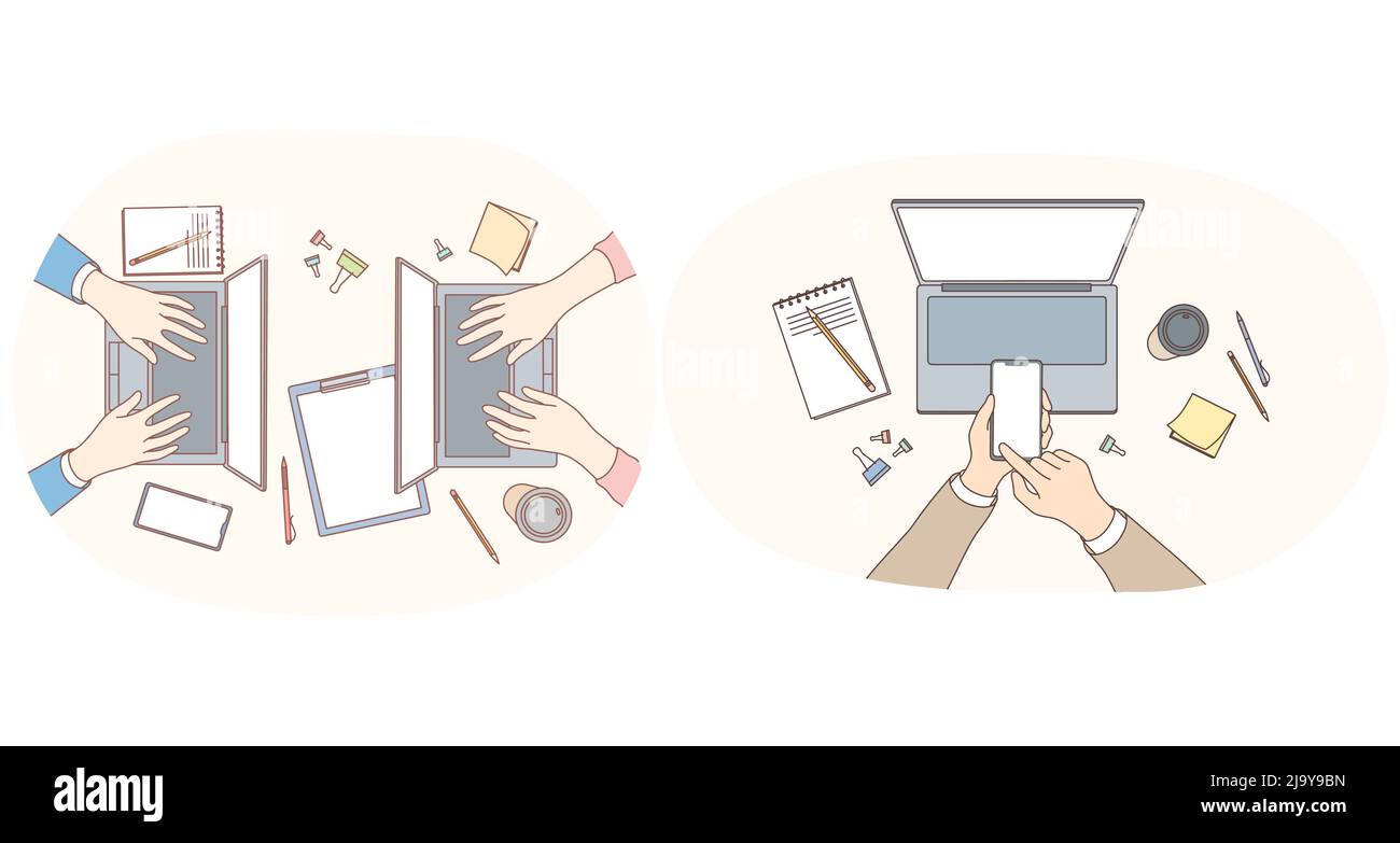 Working with electronics and gadgets concept. Hands of office workers ...