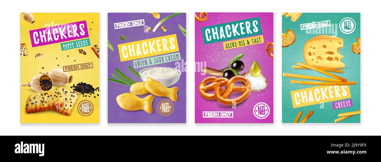 Realistic colorful posters with salty crackers with different flavours ...
