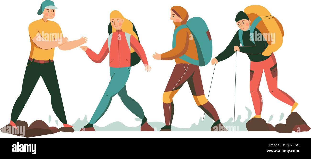 Mountain climbing trekking hiking flat composition with group of ...