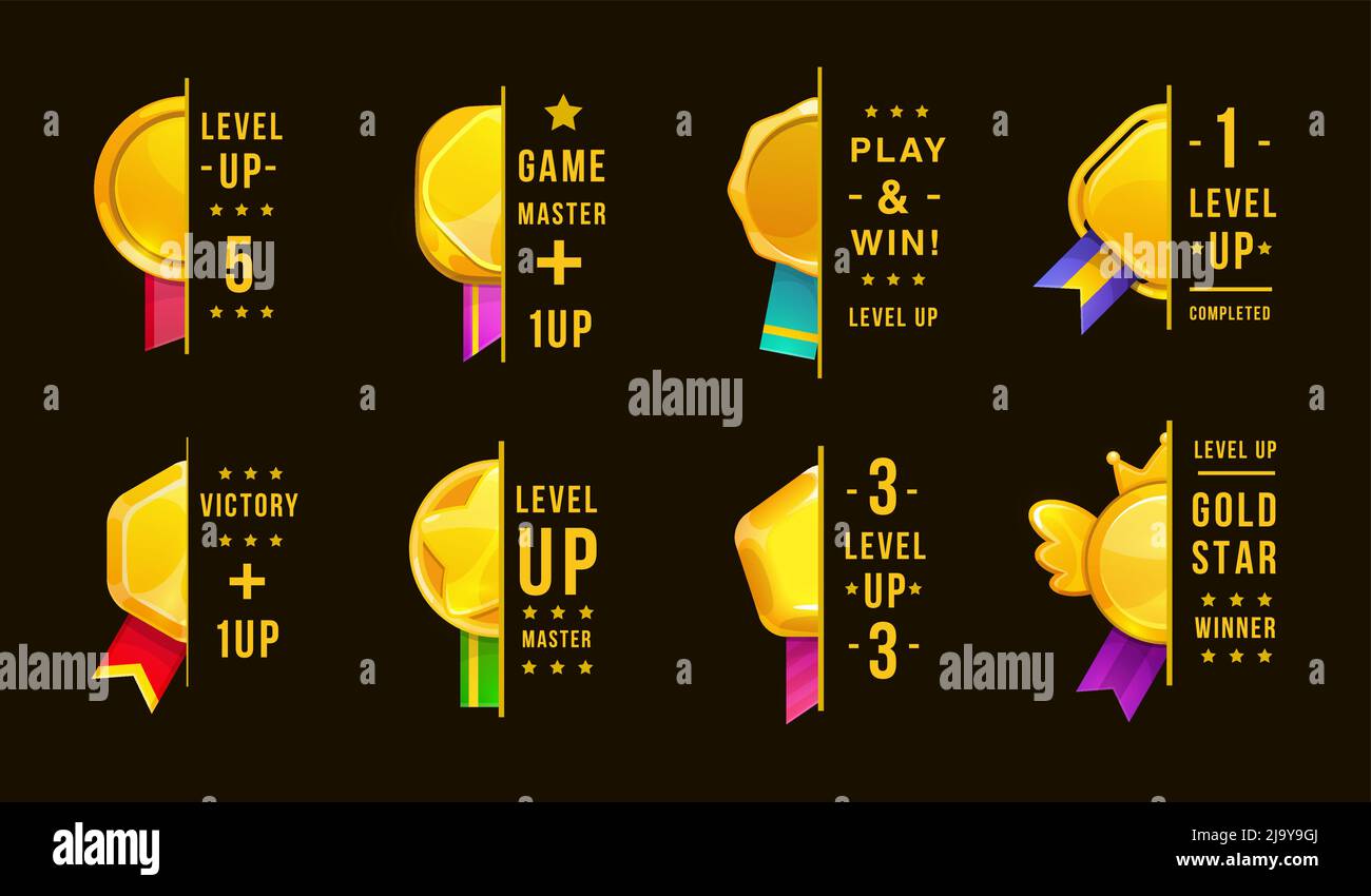 Golden level up labels, game icons and star reward bonus, vector UI or GUI ranks. Level up ...