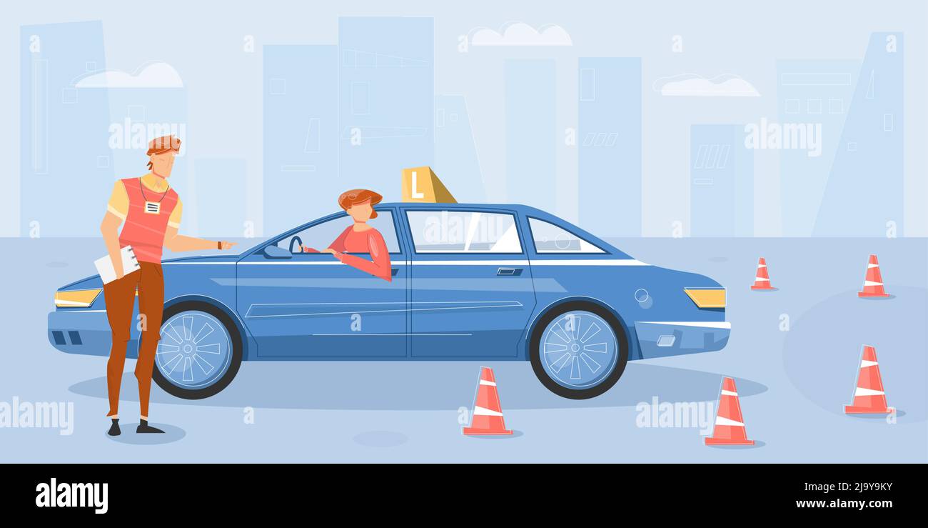 Training at driving school flat background with student in car and ...