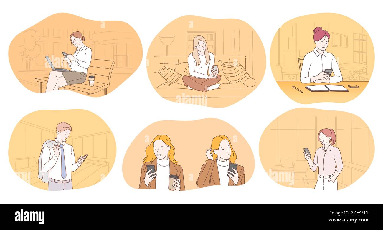 Online communication, chatting, dating concept. Smiling people and ...