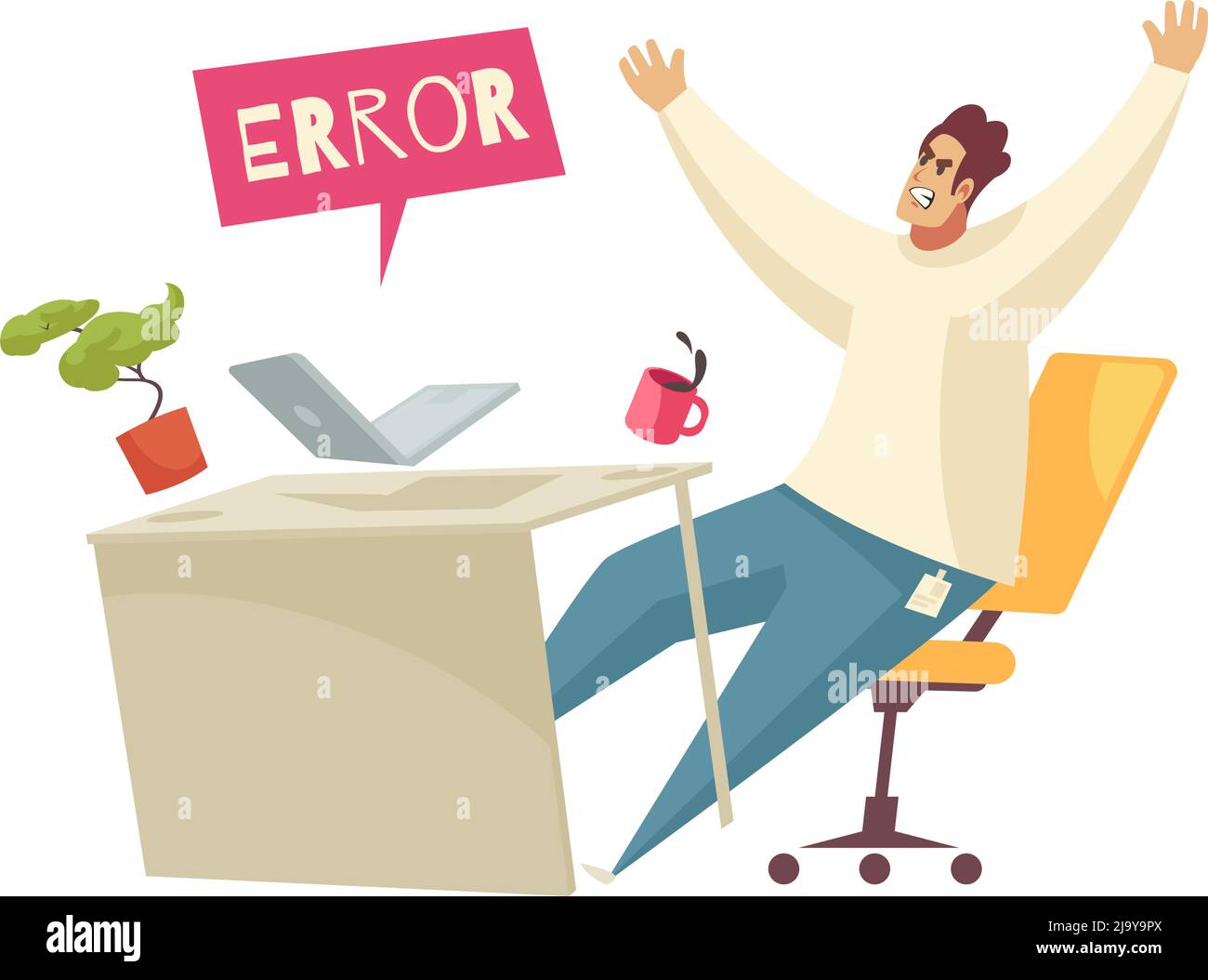 Angry male programmer at his work place and program error flat vector ...