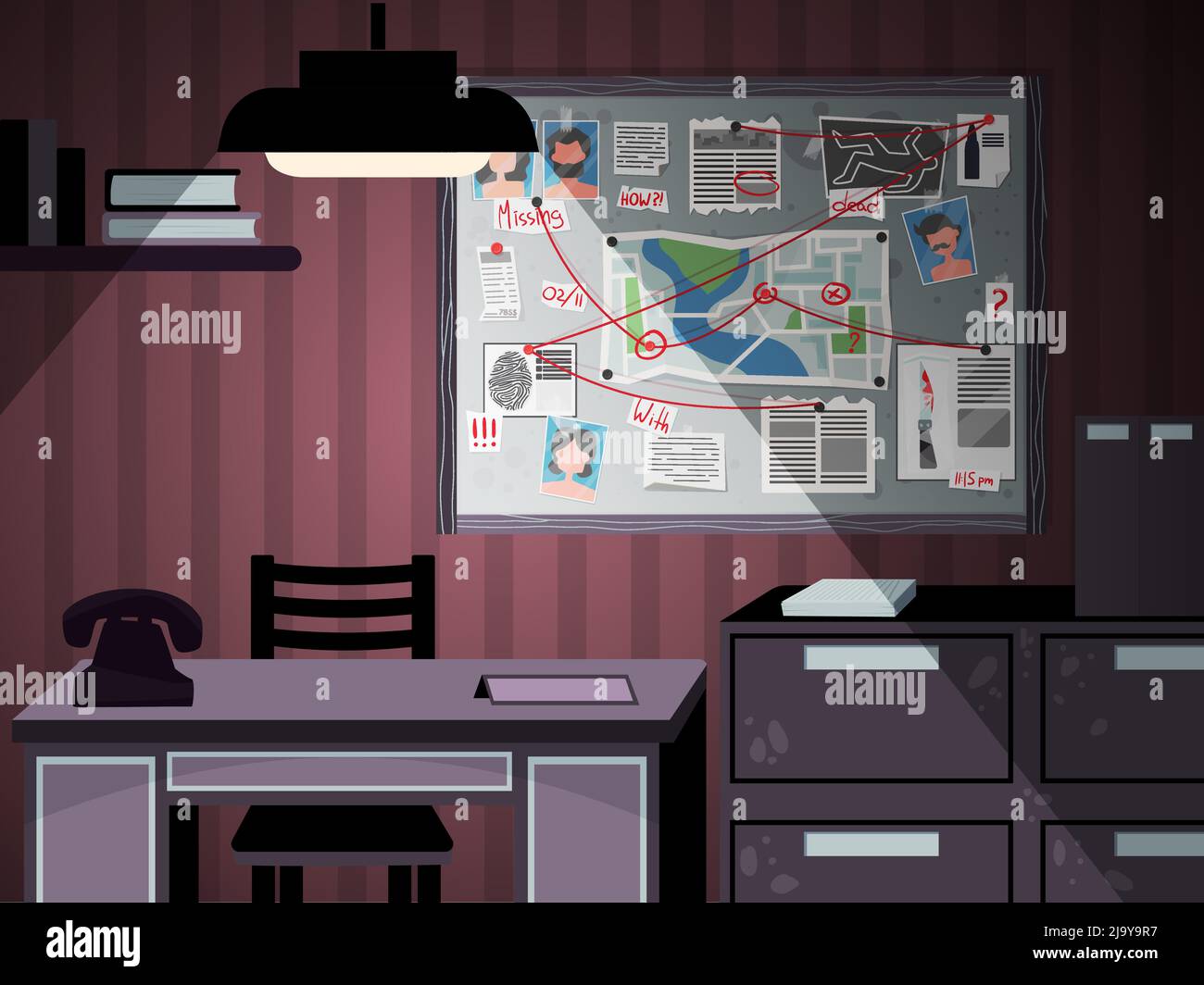 Detective board office interior composition with indoor view of private ...