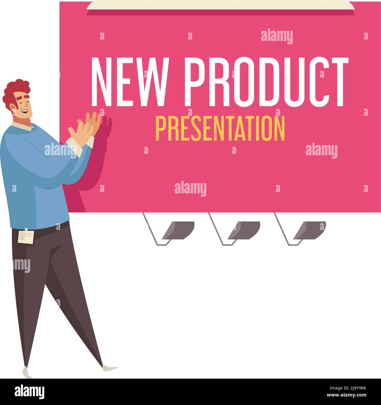 Happy male character going to give presentation of new product on ...