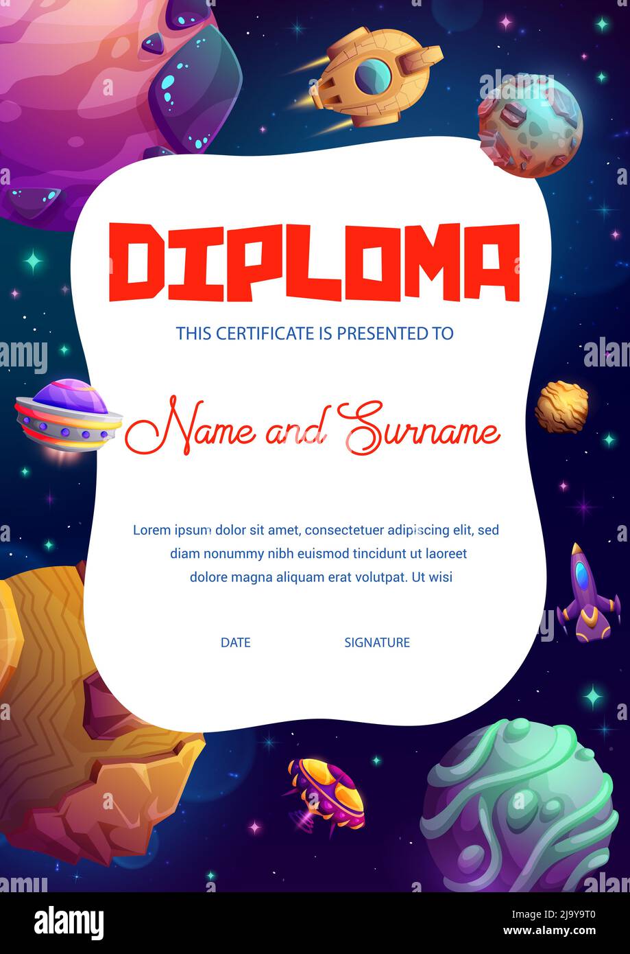 Kids diploma, cartoon spacecraft starship and space planets, vector ...