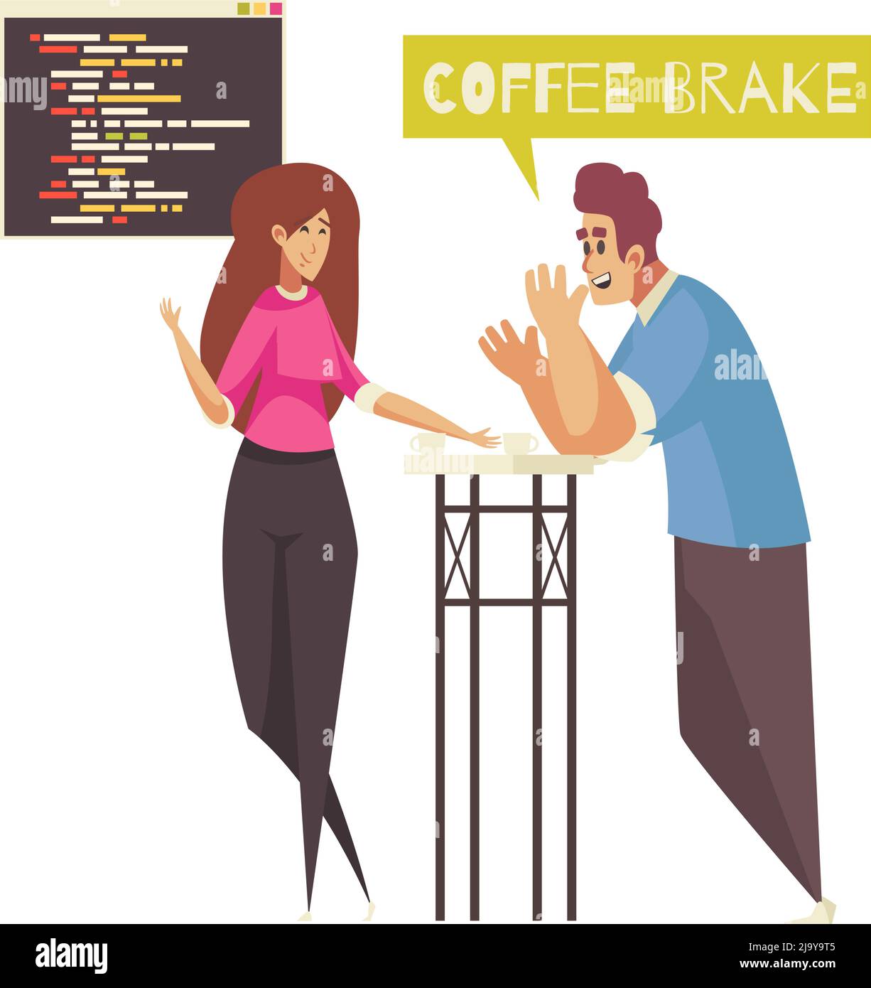 Two male and female programmers communicating during coffee break at ...