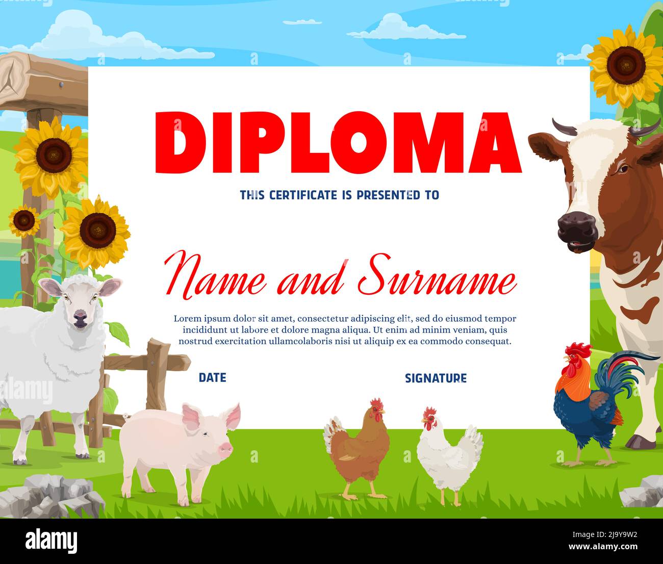 Farmer diploma cartoon farm animals on the meadow. Vector certificate ...