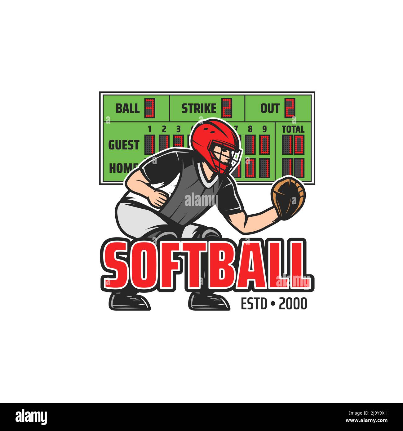 Softball game icon with player and scoreboard. Softball sport team ...