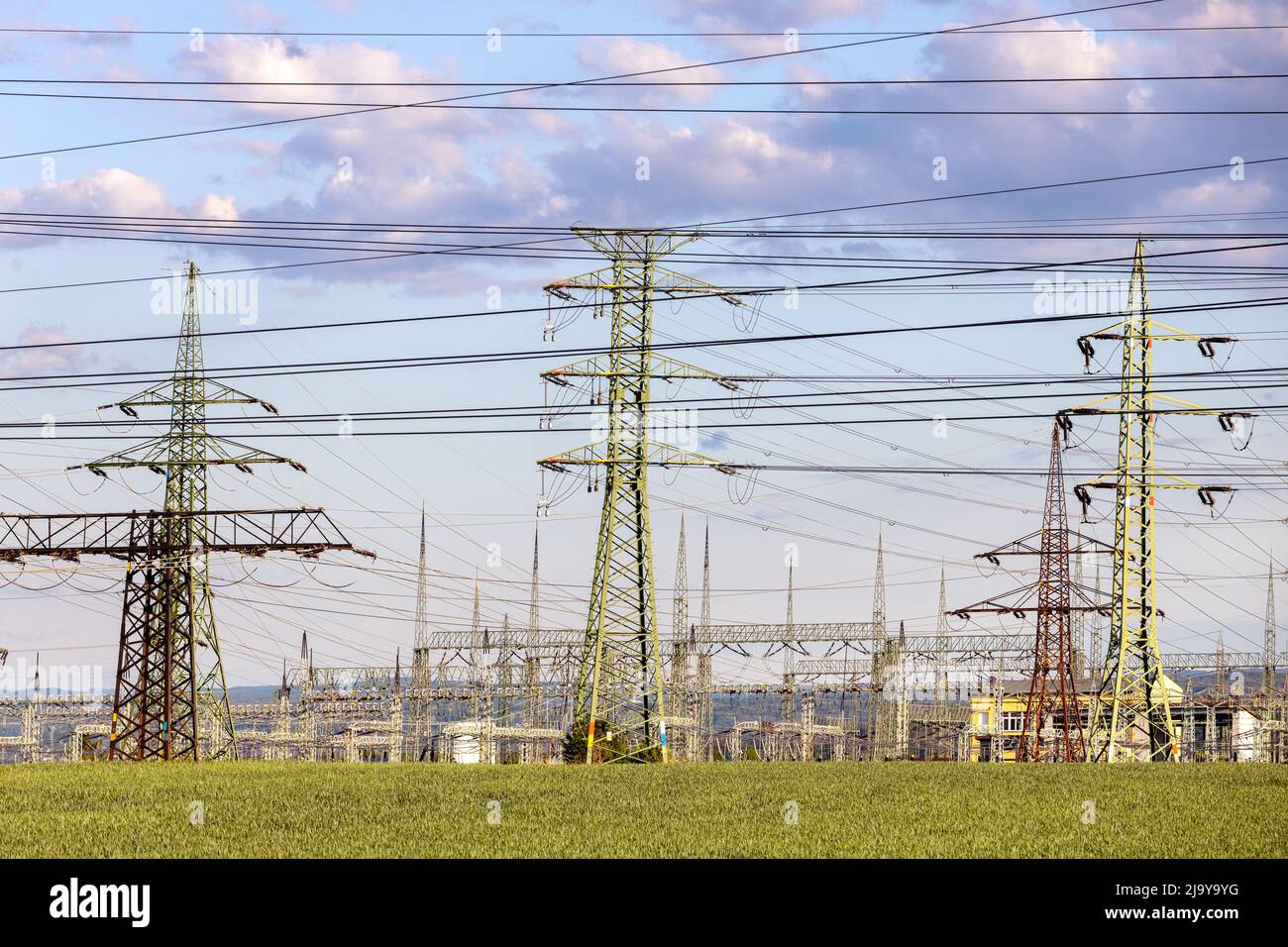 Czech finance and economy - high voltage power lines station. High ...
