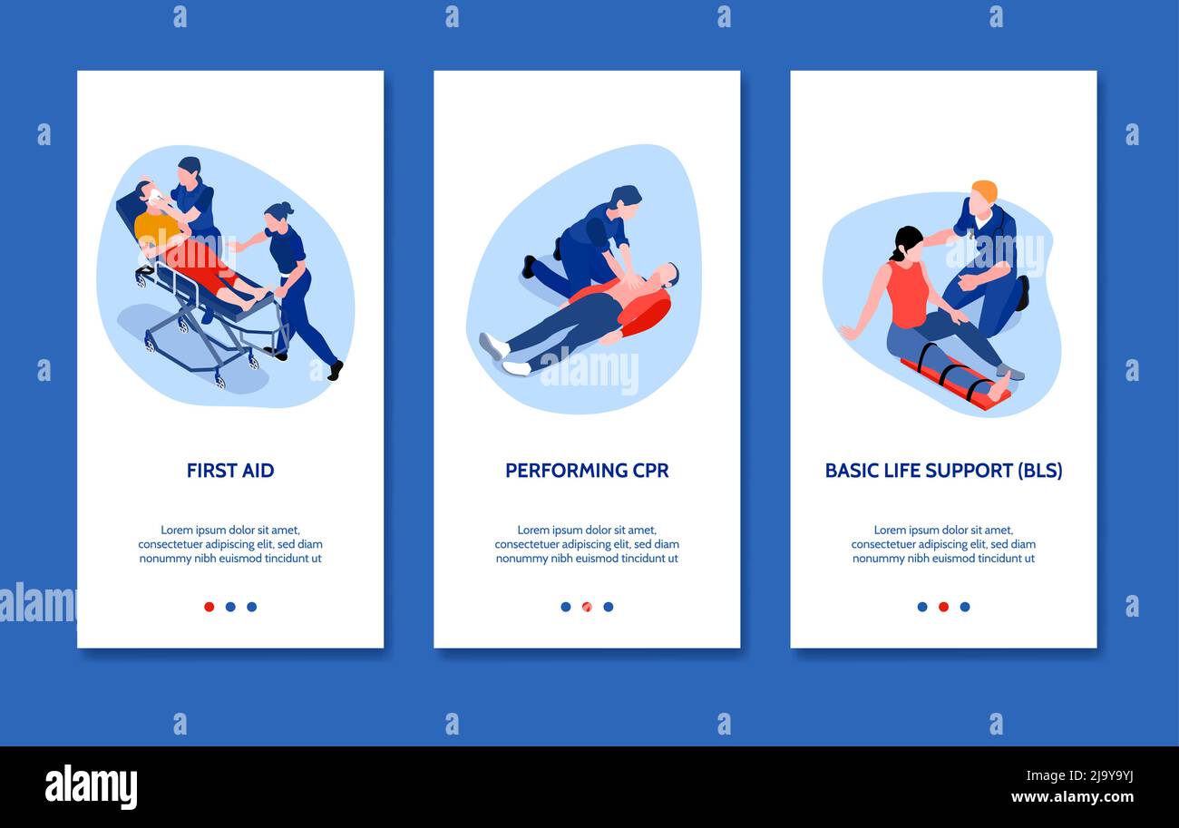 Isometric vertical banners set with doctors giving first aid to injured ...