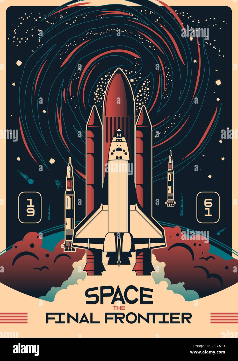 Space vertical poster with rockets at night star sky background and ...