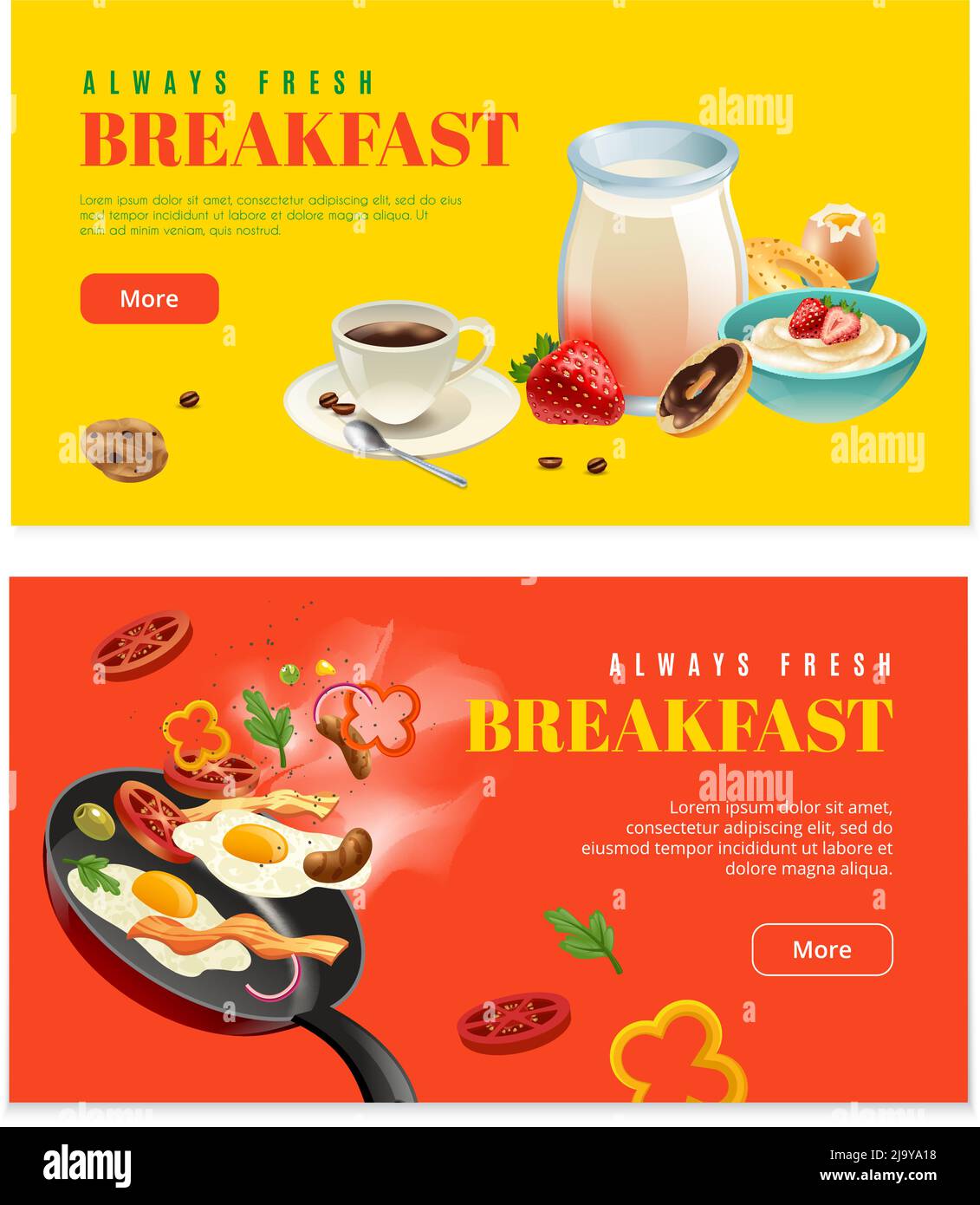Breakfast two horizontal banners with fresh dairy dishes coffee cup ...