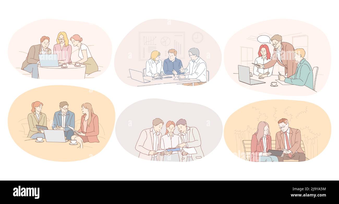 Teamwork, brainstorming, discussing, cooperation, negotiations concept ...