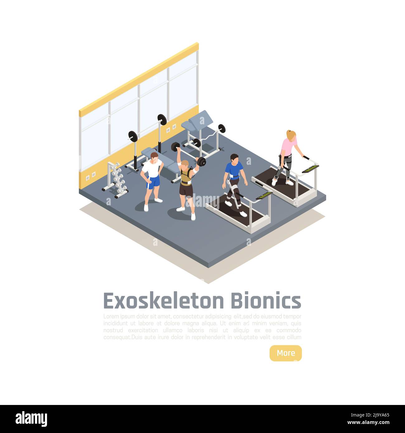Bionics technology isometric composition with disabled people in gym doing exercises using ...