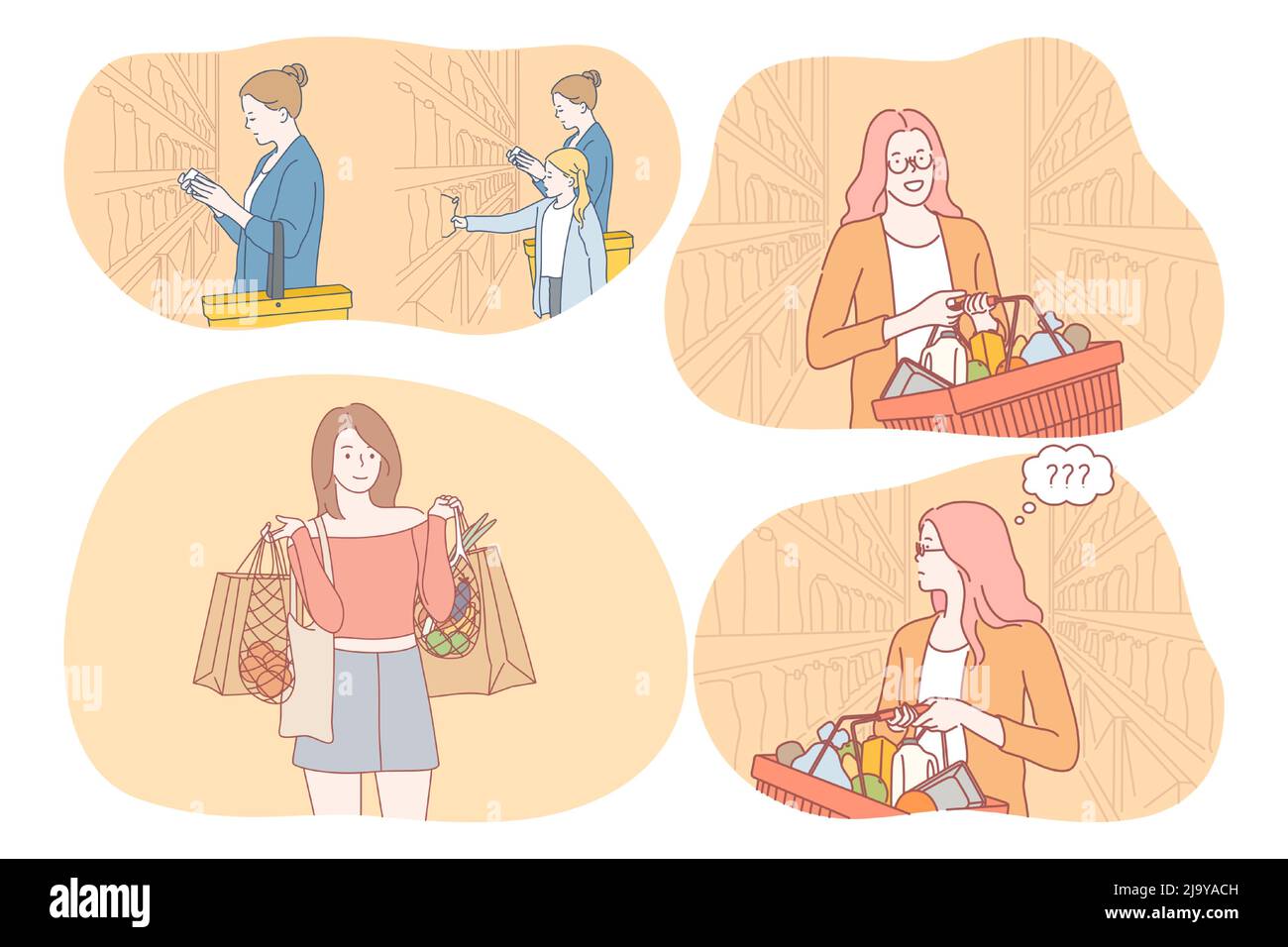 Shopping, supermarket, grocery store concept. Young positive woman ...
