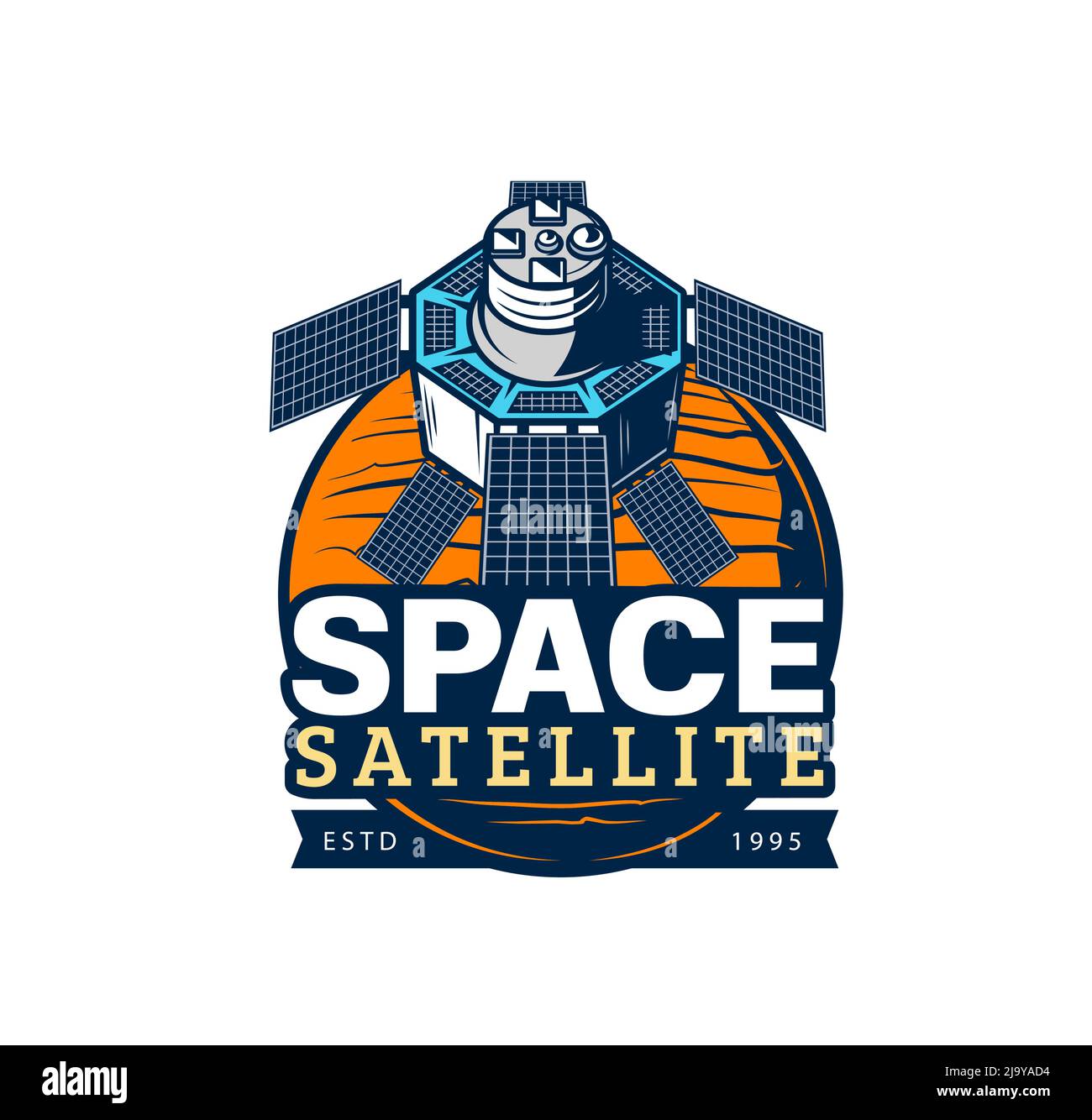 Space satellite vector icon with antennas, solar panels and galaxy ...
