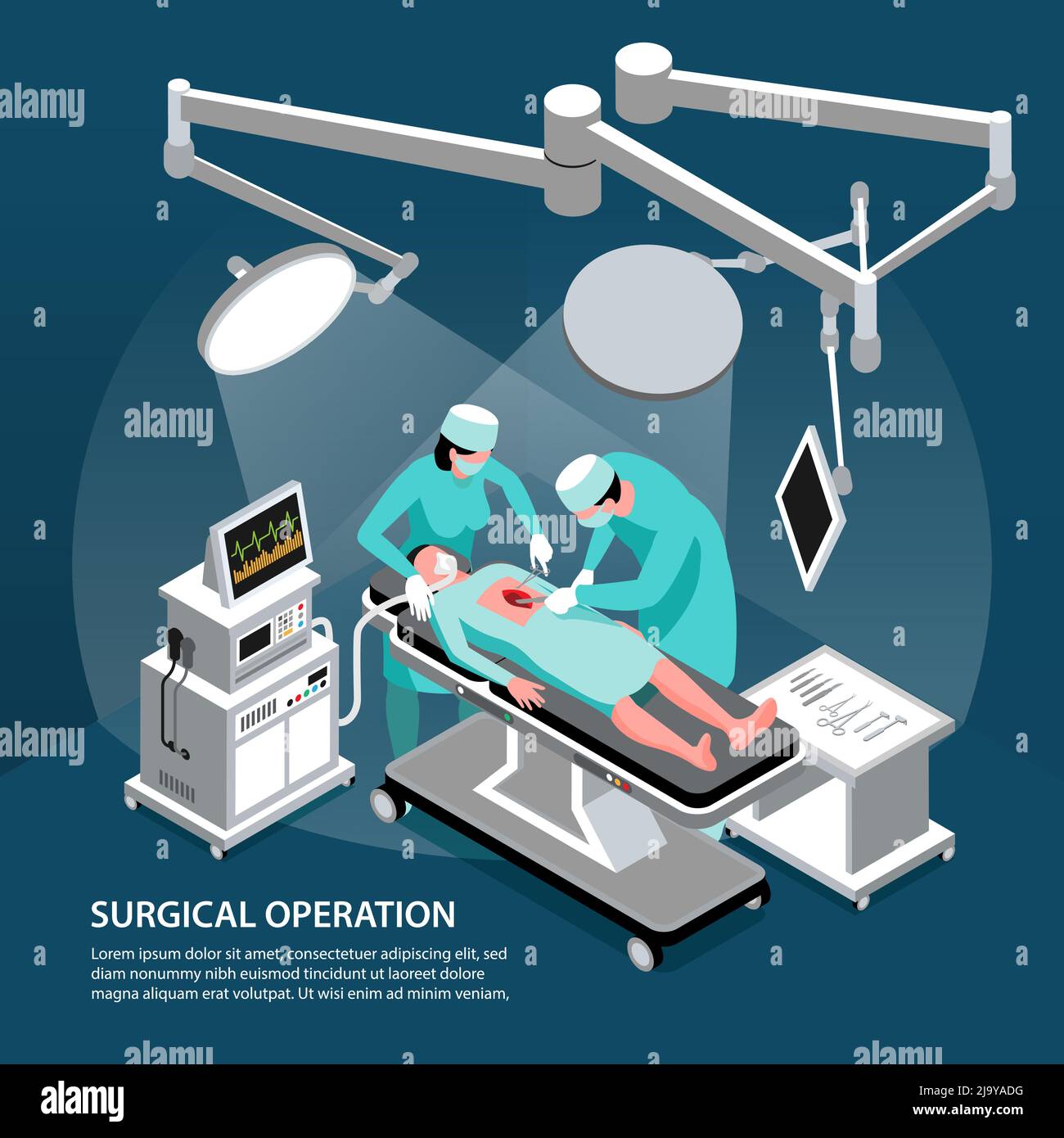 Isometric surgeon doctor background with composition of text and people ...