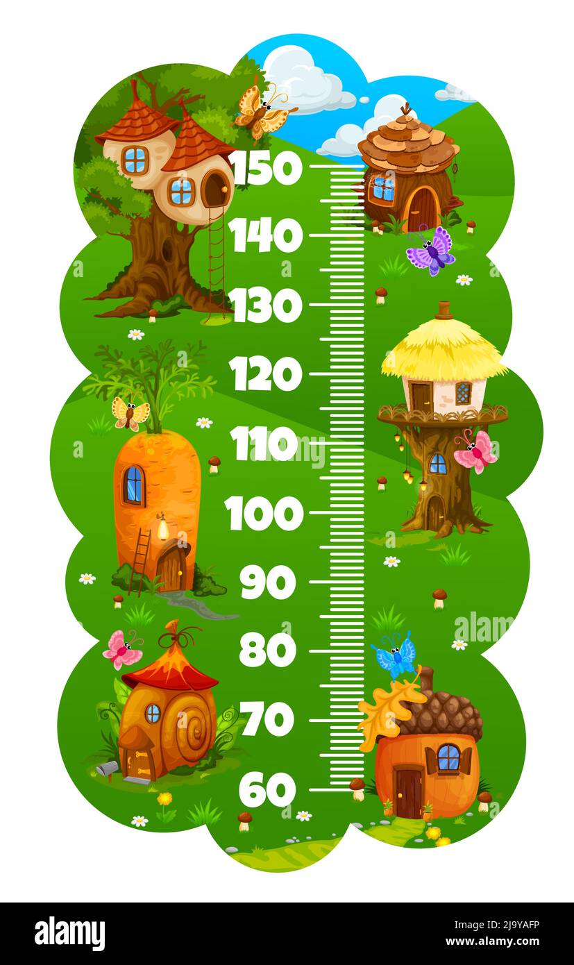 Kids height chart ruler cartoon elf village with fairy houses. Vector ...