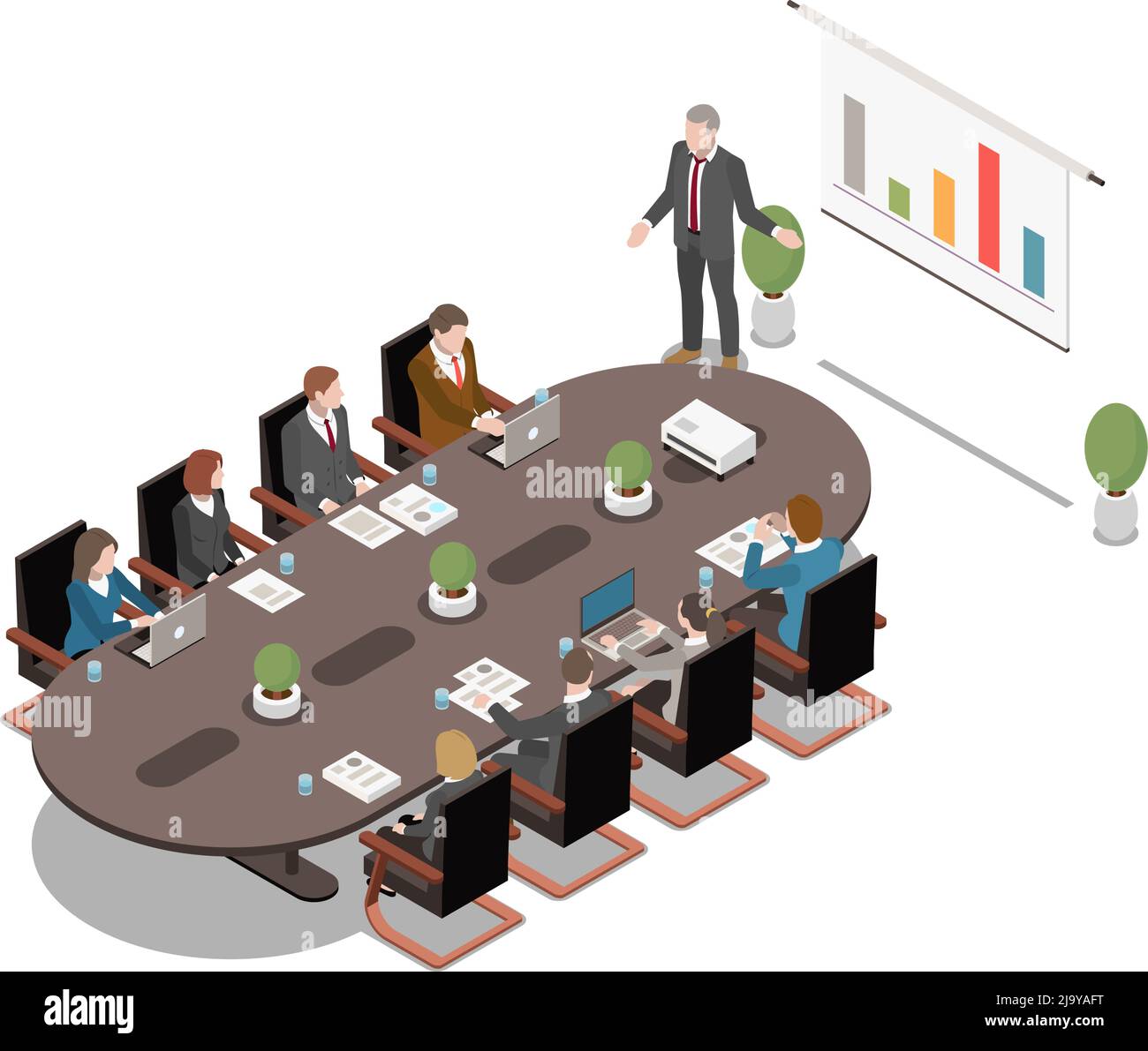 Isometric icon with man presenting project on white board at business ...