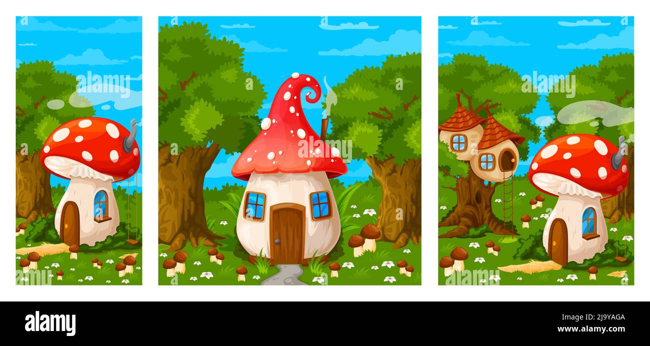 Game landscape, cartoon fairy mushroom houses or gnomes town, vector ...