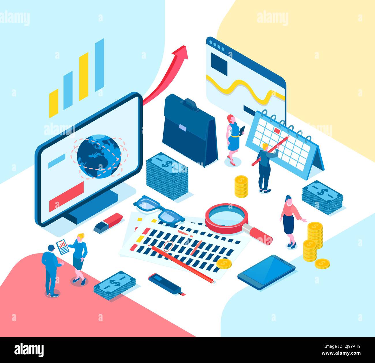 Accounting isometric design concept with calendar magnifier bag flash ...