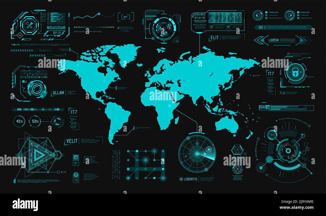 HUD hologram interface, earth digital map infographic charts and graphs, futuristic technology ...