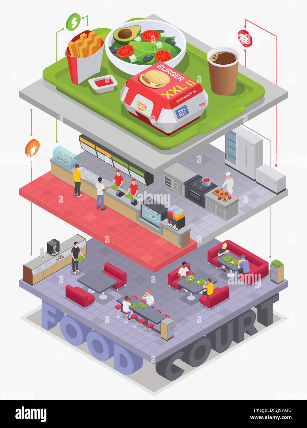 Food court isometric composition with set of storey platforms with meal ...