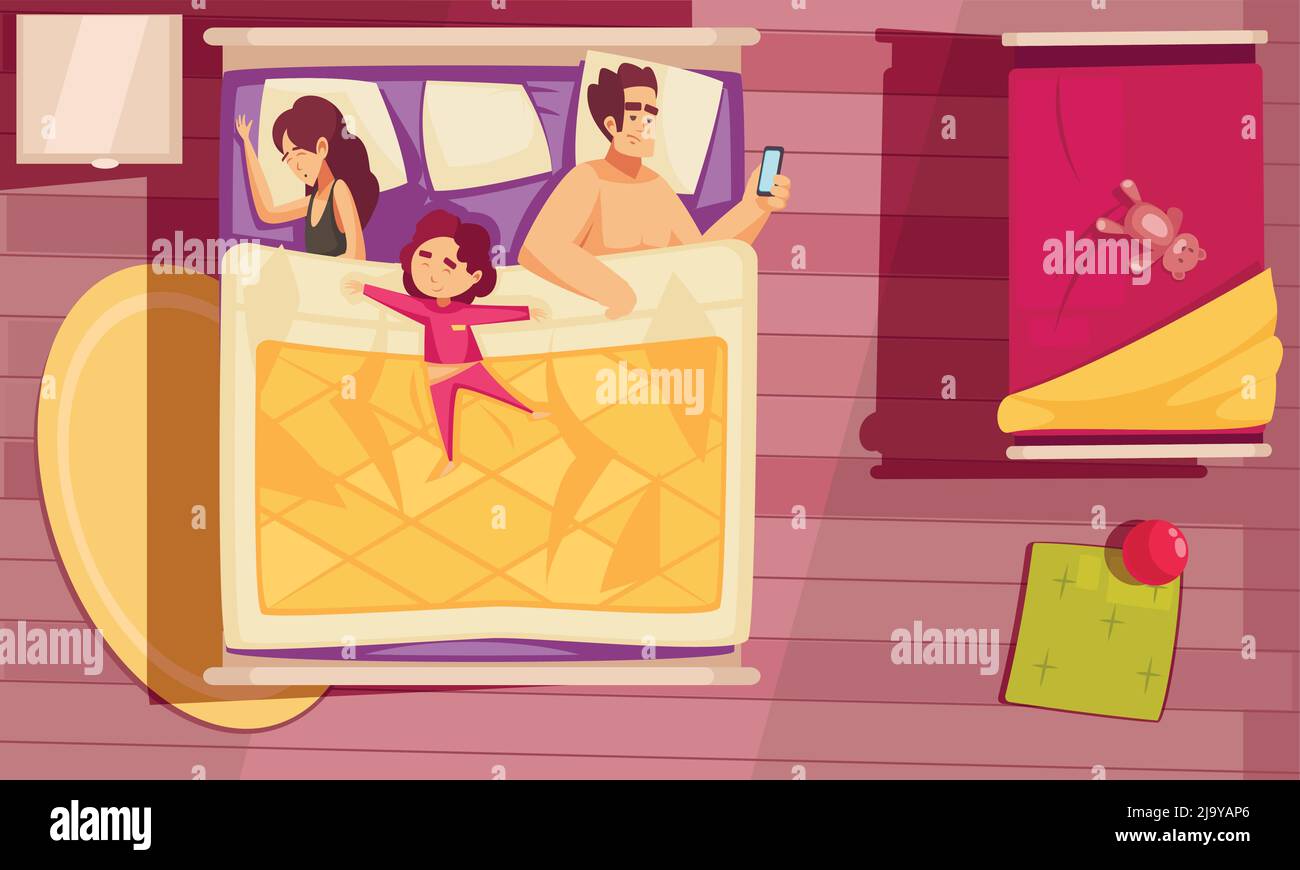 Family sleep time background with child in bed symbols flat vector ...