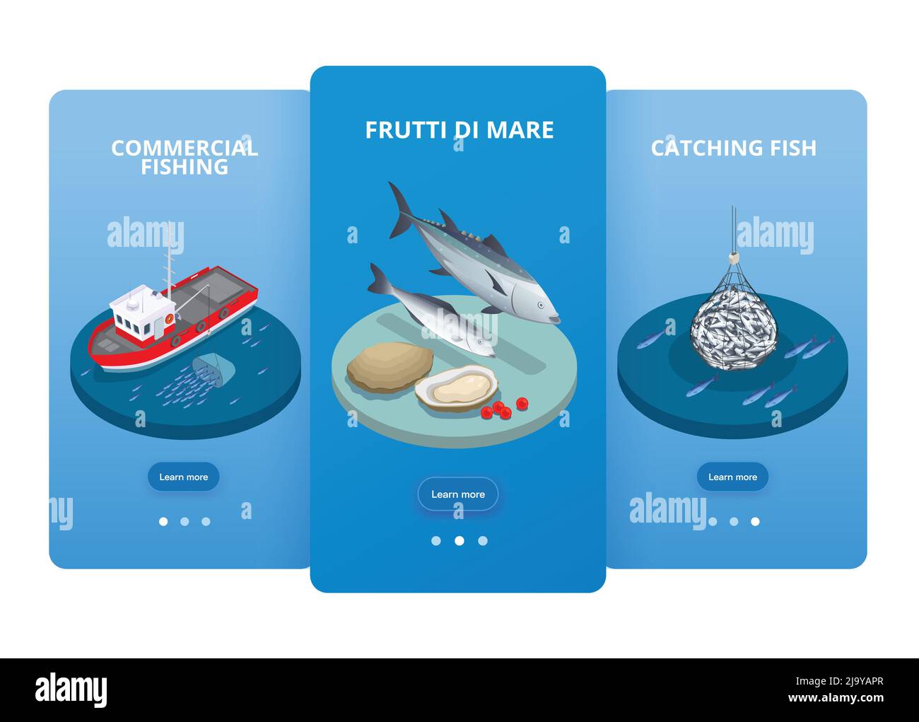 Set of three vertical fish industry seafood production isometric ...