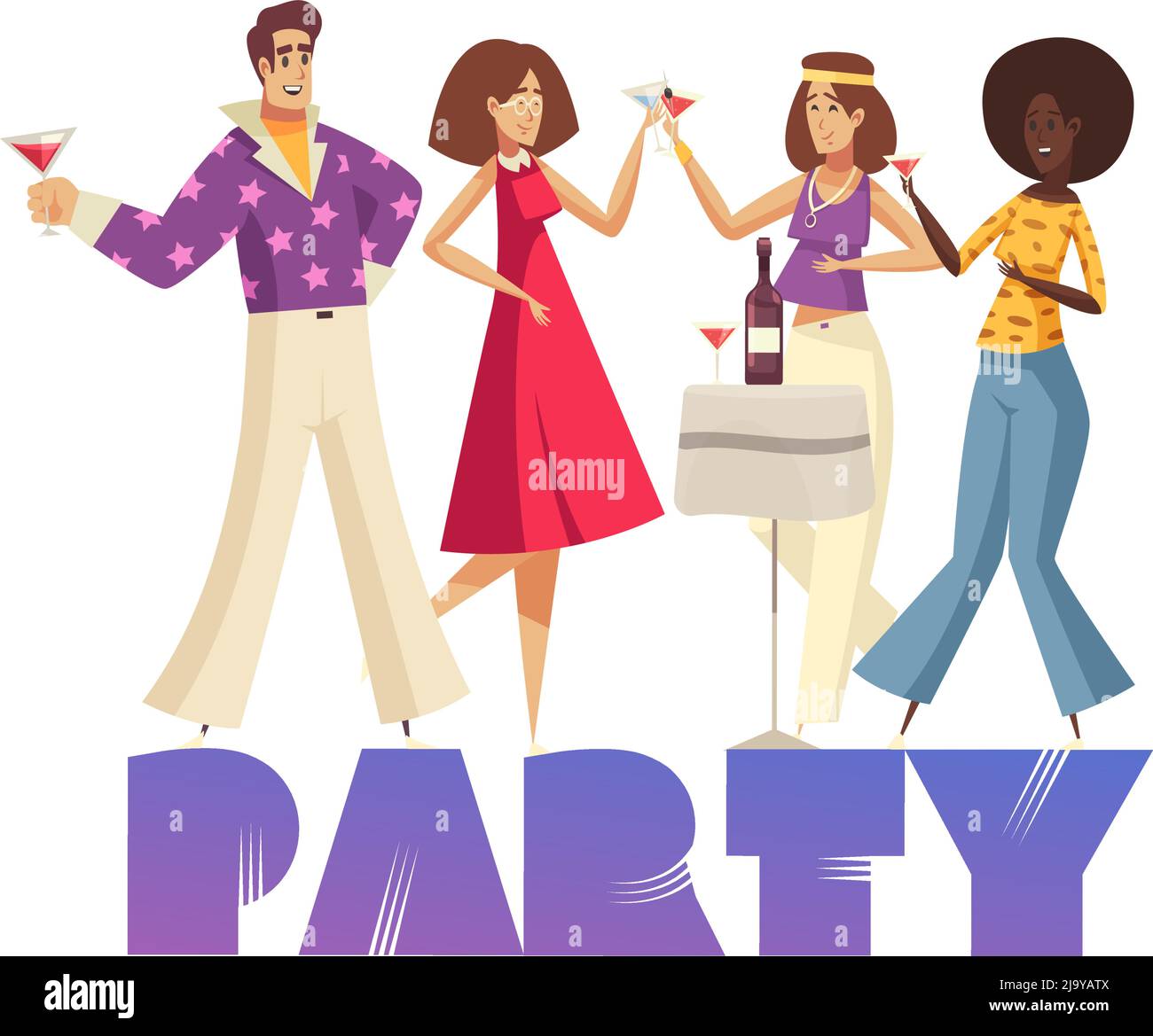 Disco party composition with text and characters of party people ...