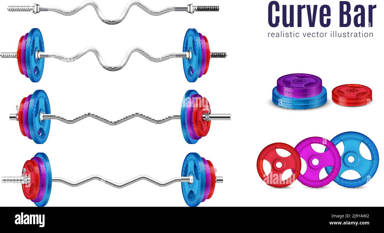 Realistic icons set with colorful curved barbells on white background ...