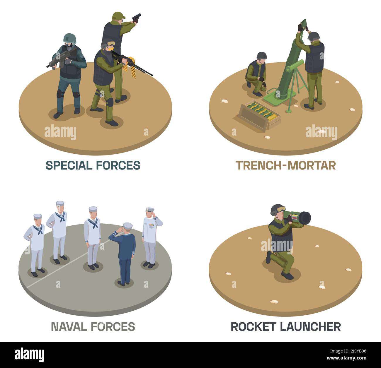 Army weapons soldier isometric compositions set with text and human ...