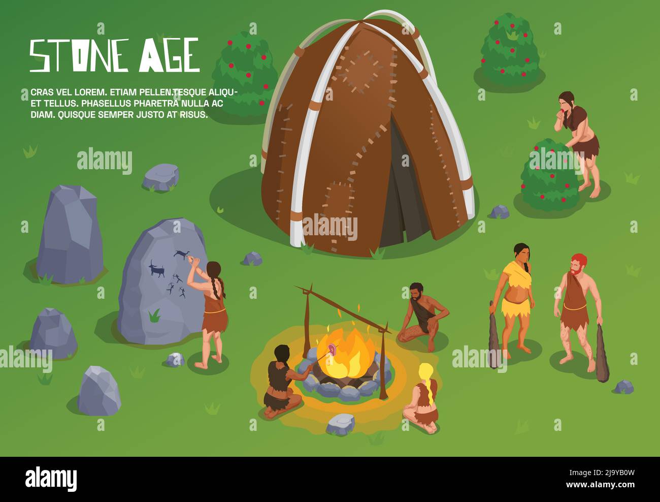 Caveman prehistoric primitive people background with editable text and ...