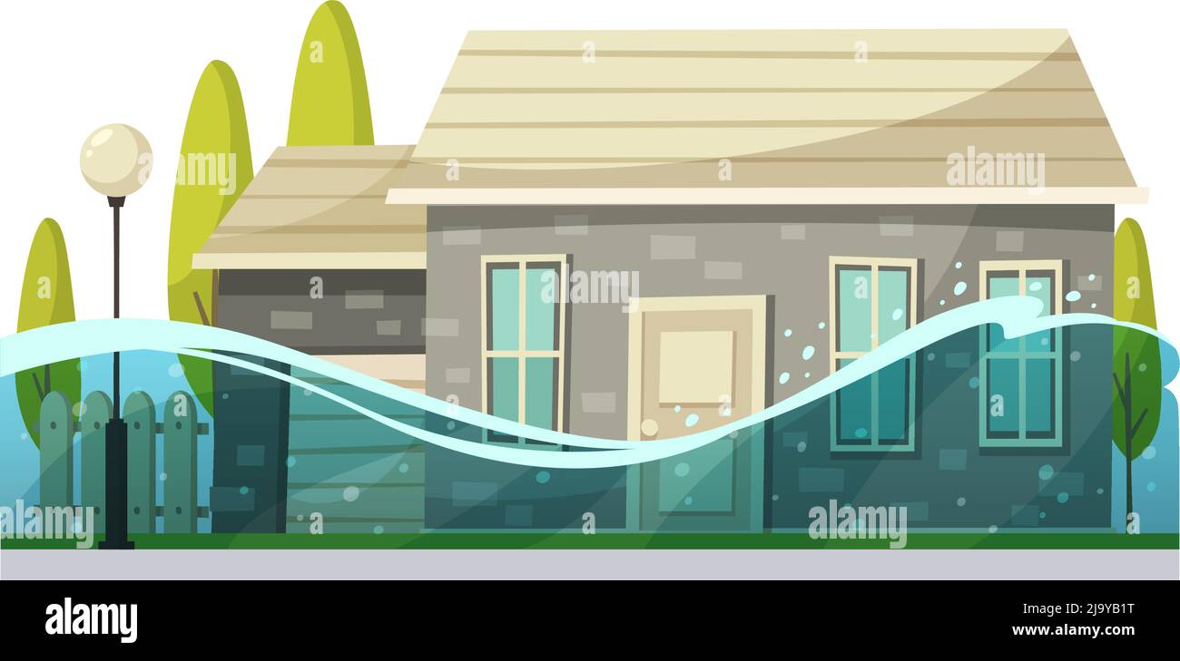 Natural disaster cartoon composition with view of street flooded with ...