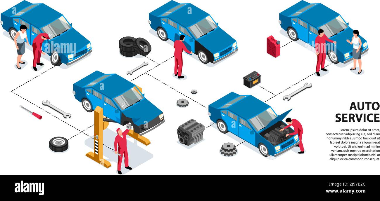 Isometric auto repair infographics with images of car parts human ...