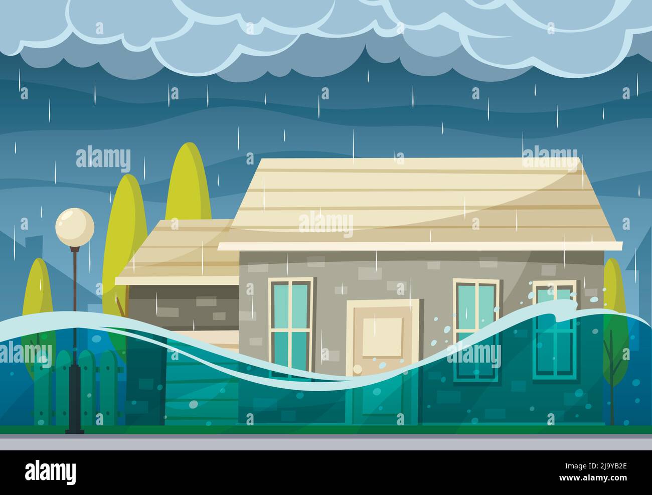Natural disaster cartoon composition of outdoor landscape with living ...