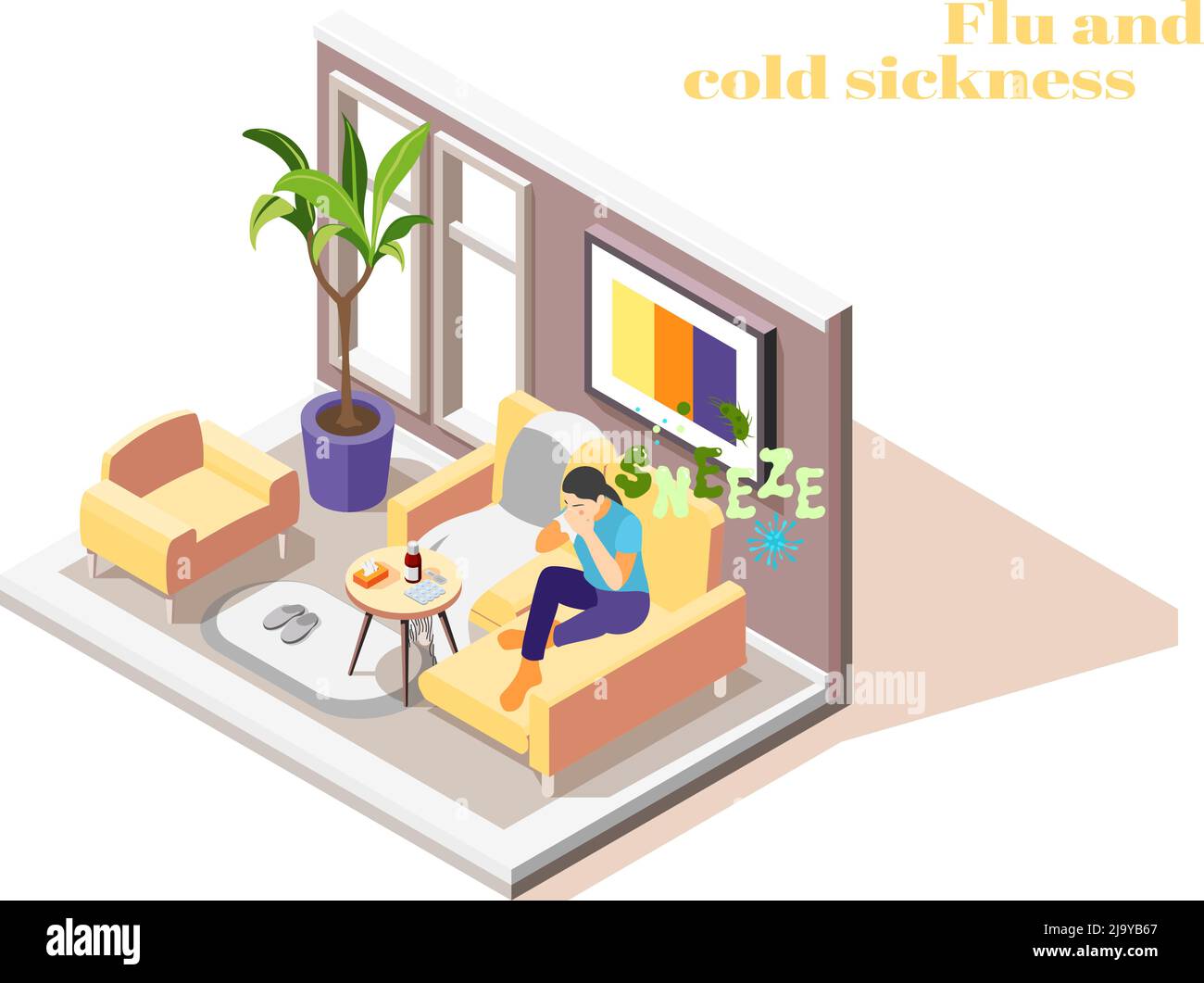 Sick woman with flu cold fever sitting on couch at home sneezing with ...