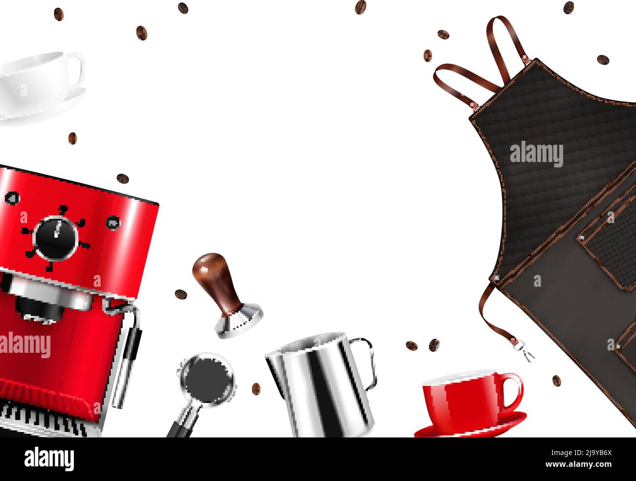 Frame with realistic barista apron machine and tools for preparing ...