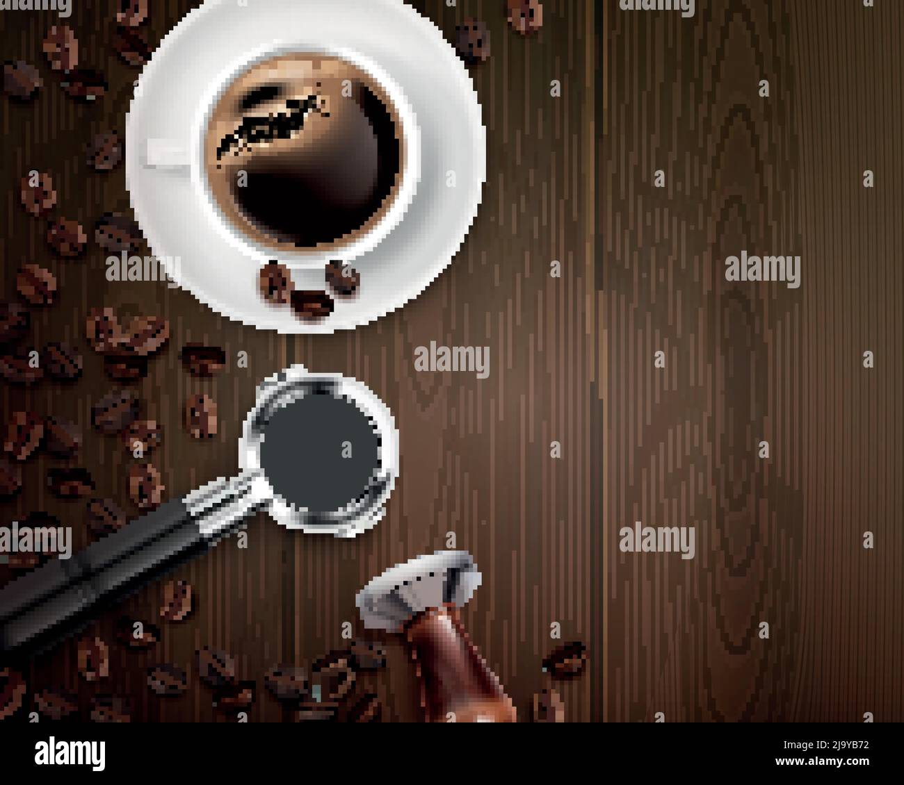 Realistic background with barista equipment and cup of coffee on wooden ...