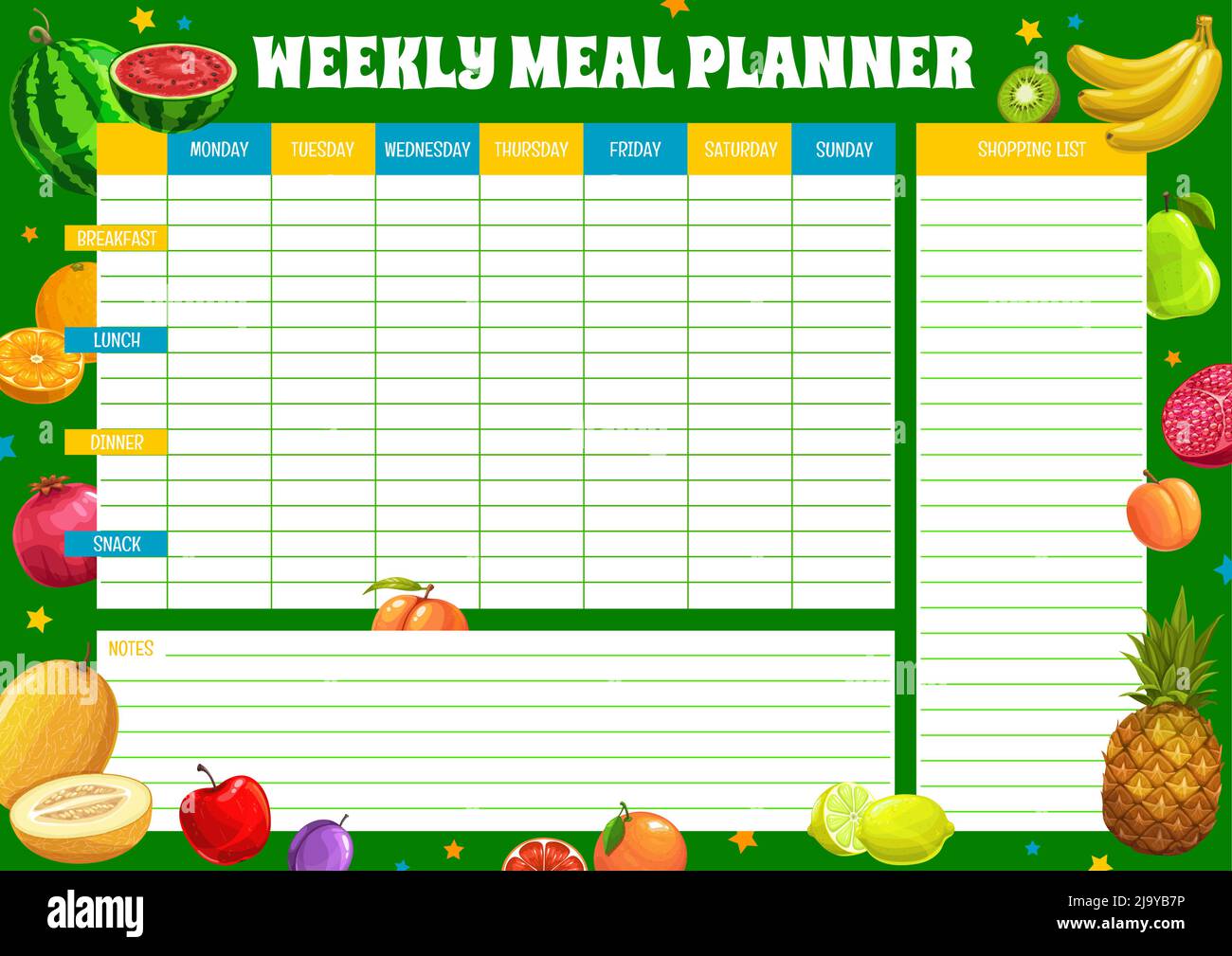 Weekly meal planner with tropical fruits. Vector timetable, week food ...